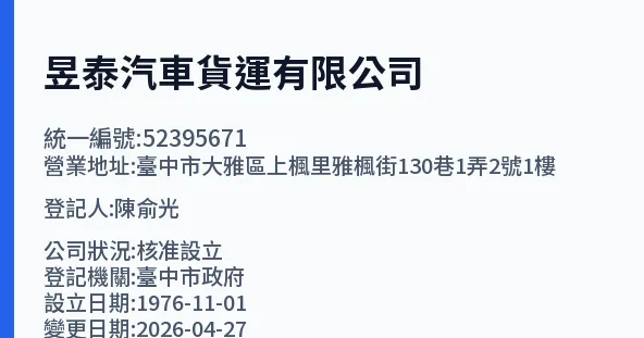 昱泰汽車貨運有限公司的照片-統編 52395671(臺中市) 公司登記資料與營業項目詳細圖表