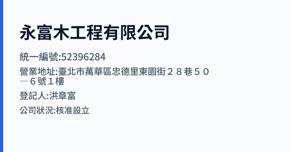 永富木工程有限公司 - 統編 52396284(臺北市) 公司登記資料與營業項目詳細圖表