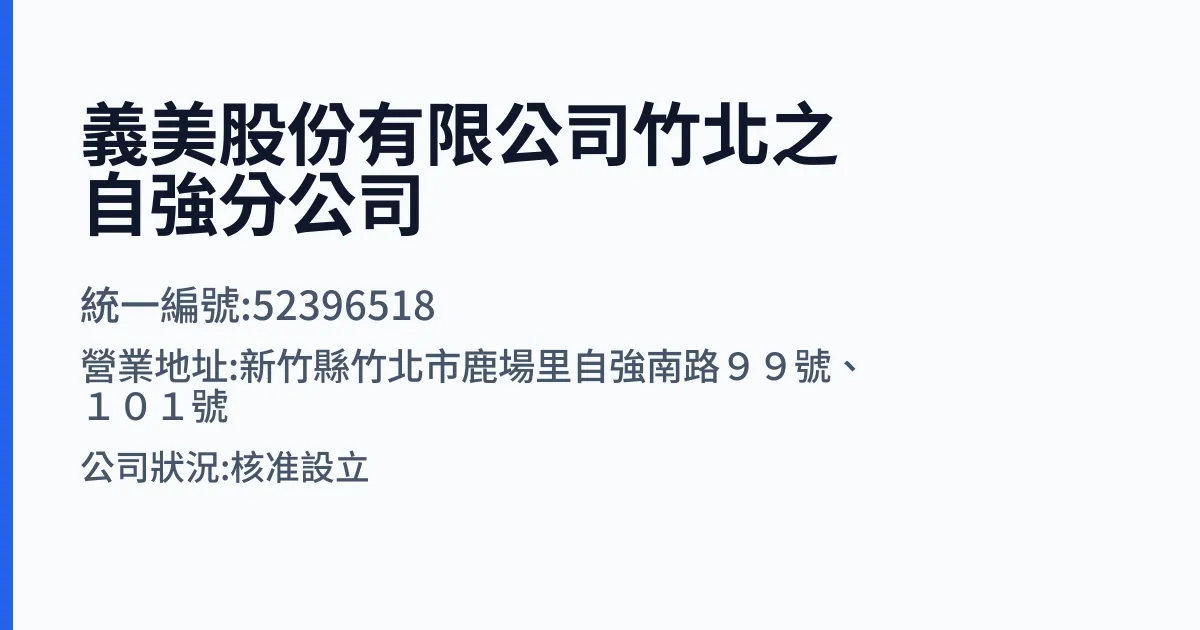 義美股份有限公司竹北之自強分公司 - 統編 52396518(新竹縣) 公司登記資料與營業項目詳細圖表