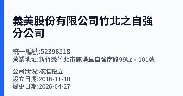 義美股份有限公司竹北之自強分公司的照片-統編 52396518(新竹縣) 公司登記資料與營業項目詳細圖表