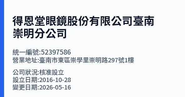 得恩堂眼鏡股份有限公司臺南崇明分公司的照片-統編 52397586(臺南市) 公司登記資料與營業項目詳細圖表