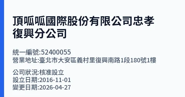 頂呱呱國際股份有限公司忠孝復興分公司的照片-統編 52400055(臺北市) 公司登記資料與營業項目詳細圖表