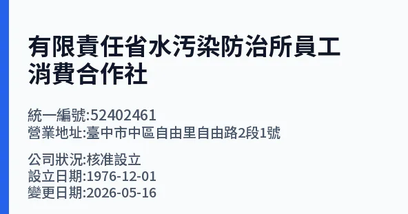 有限責任省水汚染防治所員工消費合作社的照片-統編 52402461(臺中市) 公司登記資料與營業項目詳細圖表