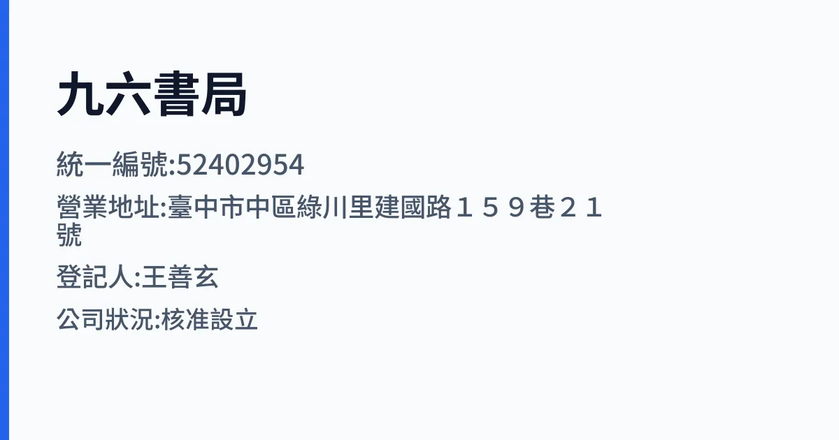 九六書局 - 統編 52402954(臺中市) 公司登記資料與營業項目詳細圖表