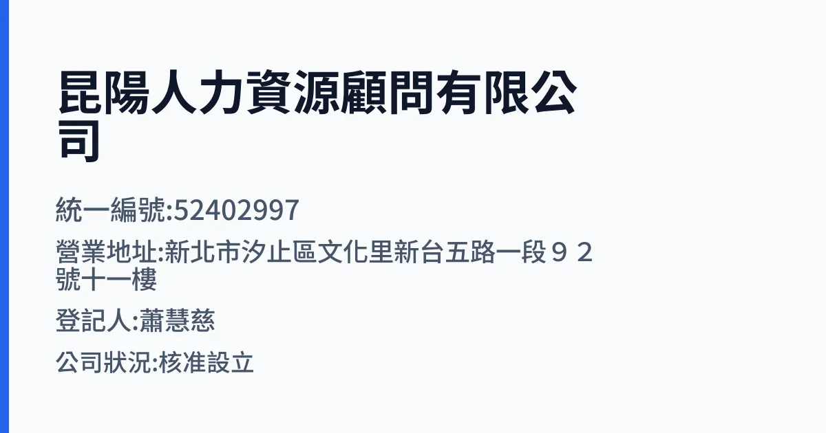 昆陽人力資源顧問有限公司 - 統編 52402997(新北市) 公司登記資料與營業項目詳細圖表
