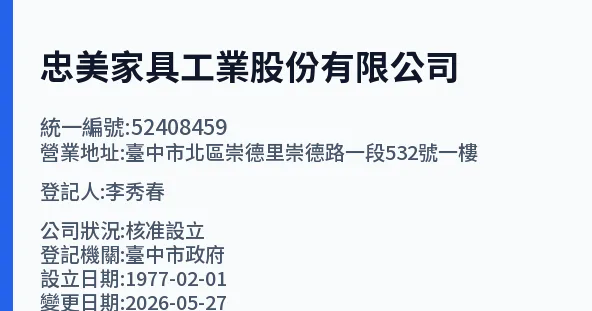 忠美家具工業股份有限公司的照片-統編 52408459(臺中市) 公司登記資料與營業項目詳細圖表