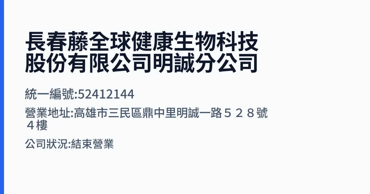 長春藤全球健康生物科技股份有限公司明誠分公司 - 統編 52412144(高雄市) 公司登記資料與營業項目詳細圖表