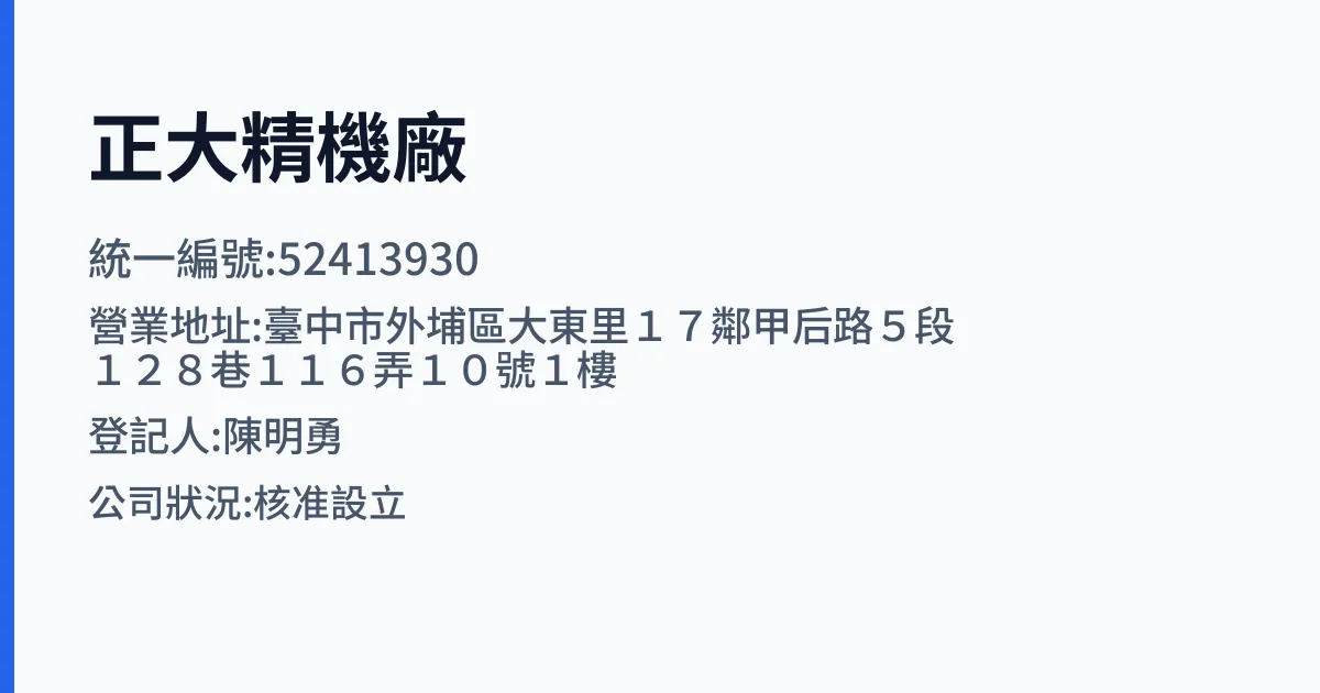正大精機廠 - 統編 52413930(臺中市) 公司登記資料與營業項目詳細圖表