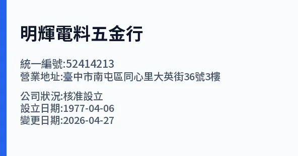 明輝電料五金行的照片-統編 52414213(臺中市) 公司登記資料與營業項目詳細圖表