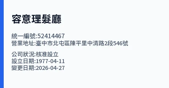 容意理髮廳的照片-統編 52414467(臺中市) 公司登記資料與營業項目詳細圖表