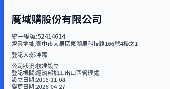 魔域購股份有限公司的照片-統編 52414614(臺中市) 公司登記資料與營業項目詳細圖表
