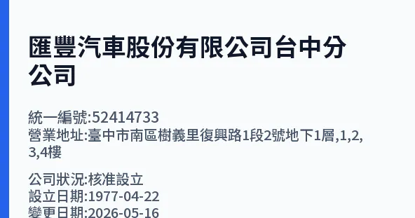 匯豐汽車股份有限公司台中分公司的照片-統編 52414733(臺中市) 公司登記資料與營業項目詳細圖表
