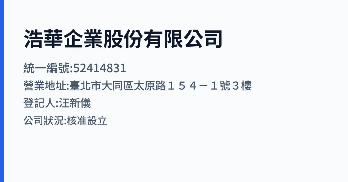 浩華企業股份有限公司 - 統編 52414831(臺北市) 公司登記資料與營業項目詳細圖表