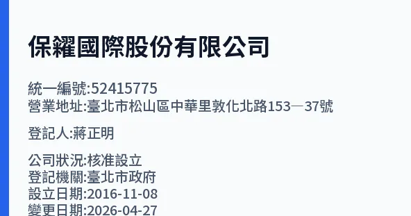 保糴國際股份有限公司的照片-統編 52415775(臺北市) 公司登記資料與營業項目詳細圖表