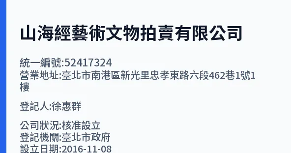 山海經藝術文物拍賣有限公司的照片-統編 52417324(臺北市) 公司登記資料與營業項目詳細圖表