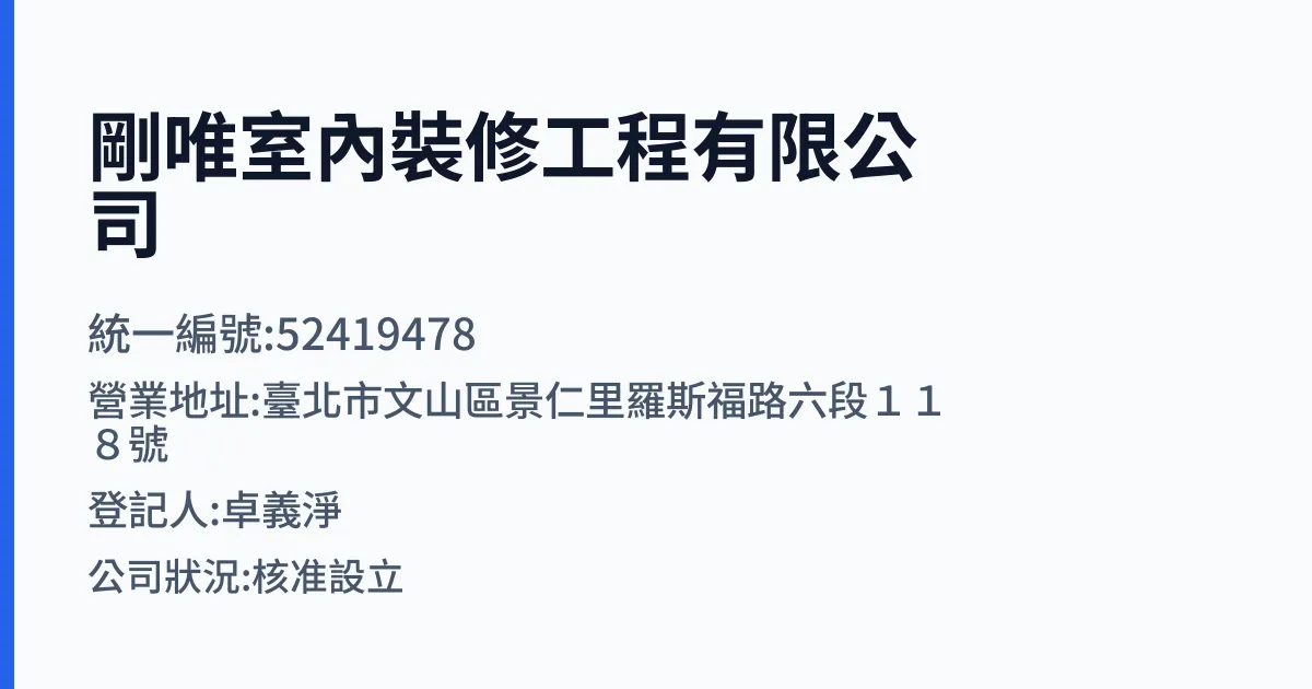 剛唯室內裝修工程有限公司 - 統編 52419478(臺北市) 公司登記資料與營業項目詳細圖表