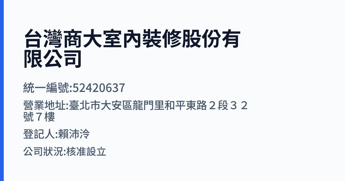 台灣商大室內裝修股份有限公司 - 統編 52420637(臺北市) 公司登記資料與營業項目詳細圖表