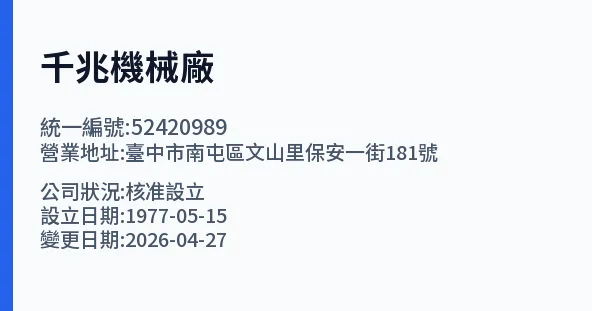 千兆機械廠的照片-統編 52420989(臺中市) 公司登記資料與營業項目詳細圖表