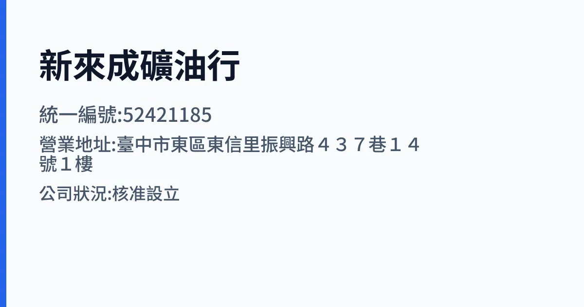 新來成礦油行 - 統編 52421185(臺中市) 公司登記資料與營業項目詳細圖表