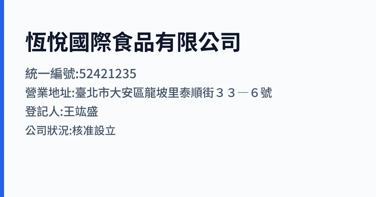 恆悅國際食品有限公司 - 統編 52421235(臺北市) 公司登記資料與營業項目詳細圖表