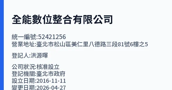 全能數位整合有限公司的照片-統編 52421256(臺北市) 公司登記資料與營業項目詳細圖表