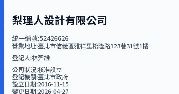 梨理人設計有限公司的照片-統編 52426626(臺北市) 公司登記資料與營業項目詳細圖表