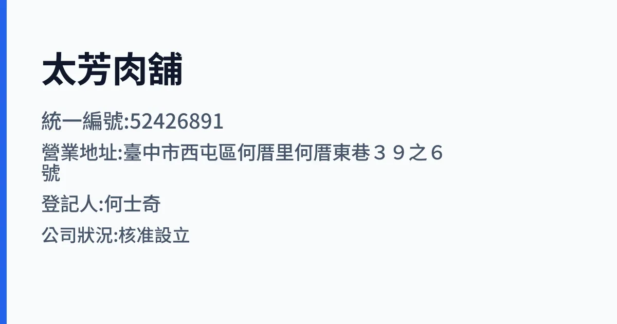 太芳肉舖 - 統編 52426891（臺中市） 公司登記資料與營業項目詳細圖表