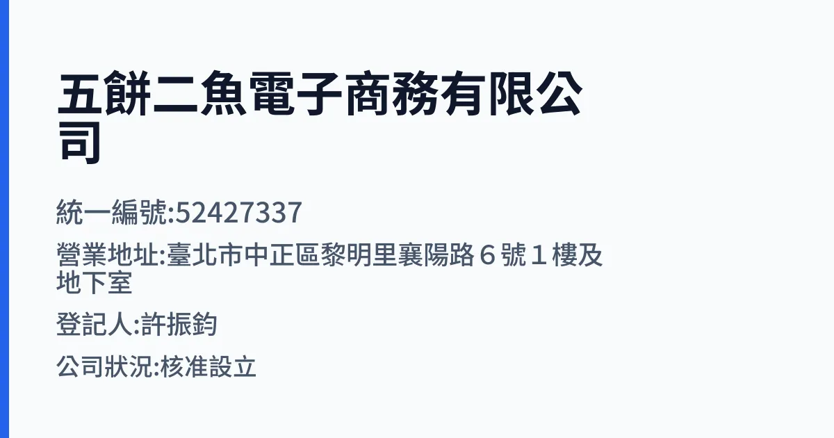 五餅二魚電子商務有限公司 - 統編 52427337(臺北市) 公司登記資料與營業項目詳細圖表