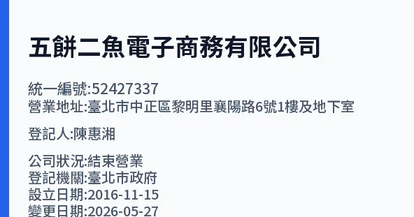 五餅二魚電子商務有限公司的照片-統編 52427337(臺北市) 公司登記資料與營業項目詳細圖表