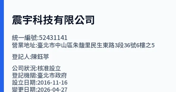 震宇科技有限公司的照片-統編 52431141(臺北市) 公司登記資料與營業項目詳細圖表