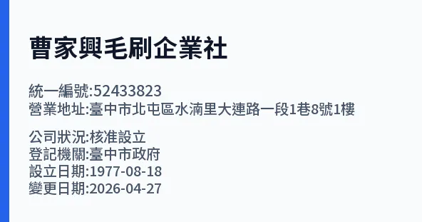 曹家興毛刷企業社的照片-統編 52433823(臺中市) 公司登記資料與營業項目詳細圖表