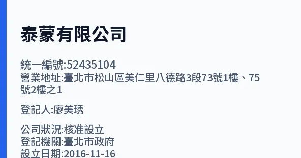 泰蒙有限公司的照片-統編 52435104(臺北市) 公司登記資料與營業項目詳細圖表