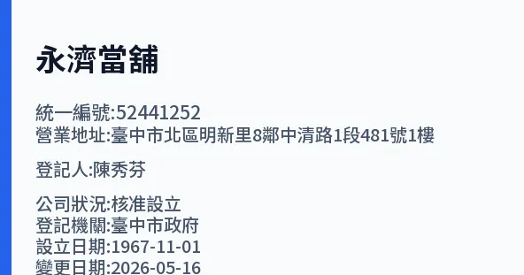 永濟當舖的照片-統編 52441252(臺中市) 公司登記資料與營業項目詳細圖表