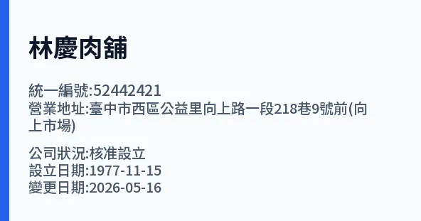 林慶肉舖的照片-統編 52442421(臺中市) 公司登記資料與營業項目詳細圖表