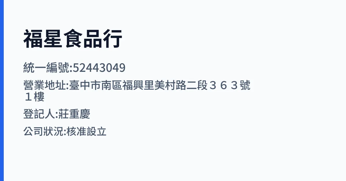 福星食品行 - 統編 52443049(臺中市) 公司登記資料與營業項目詳細圖表