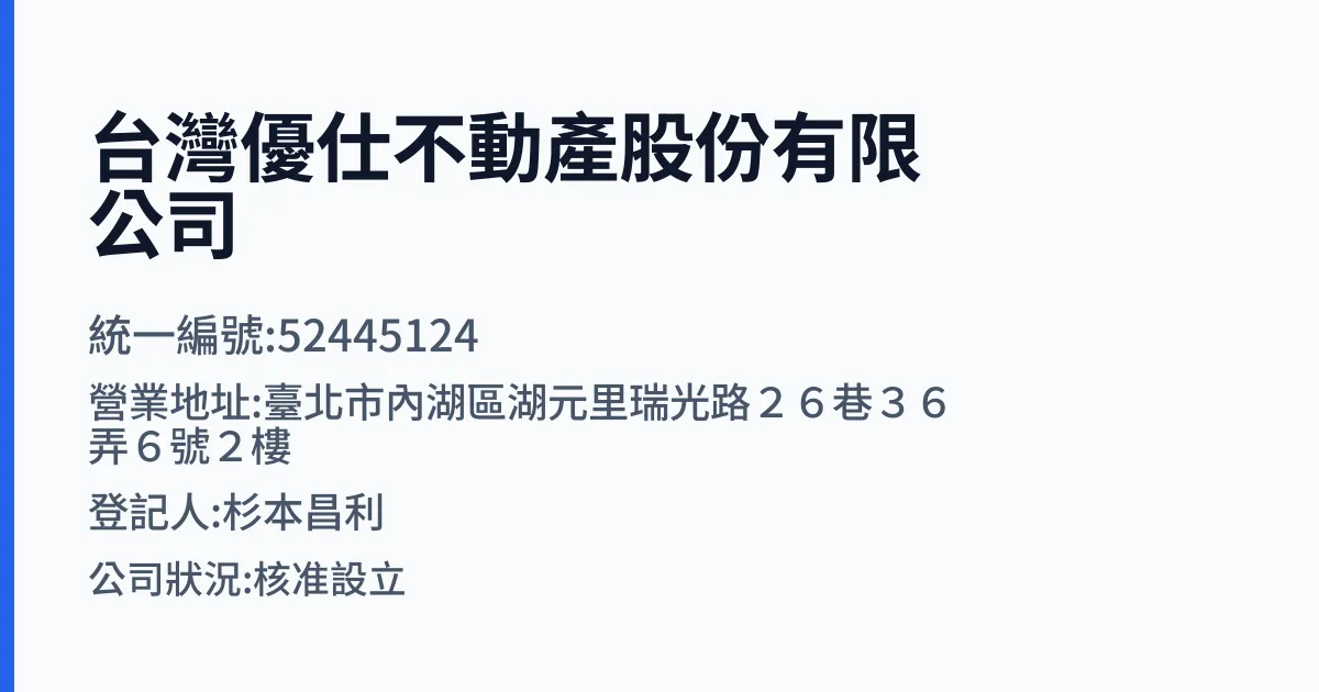 台灣優仕不動產股份有限公司 - 統編 52445124(臺北市) 公司登記資料與營業項目詳細圖表