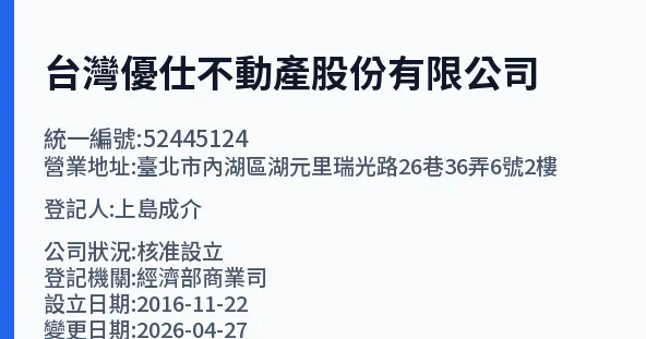 台灣優仕不動產股份有限公司的照片-統編 52445124(臺北市) 公司登記資料與營業項目詳細圖表