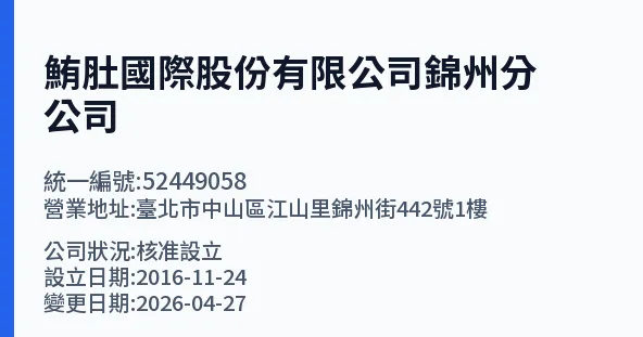 鮪肚國際股份有限公司錦州分公司的照片-統編 52449058(臺北市) 公司登記資料與營業項目詳細圖表