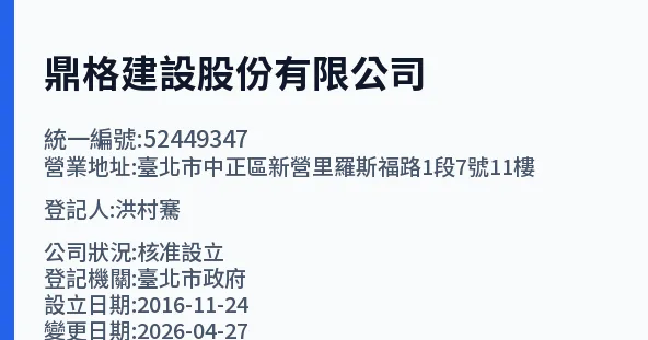 鼎格建設股份有限公司的照片-統編 52449347(臺北市) 公司登記資料與營業項目詳細圖表