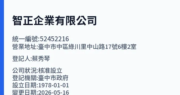 智正企業有限公司的照片-統編 52452216(臺中市) 公司登記資料與營業項目詳細圖表