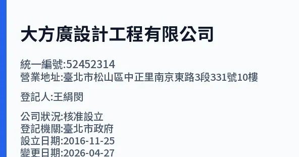 大方廣設計工程有限公司的照片-統編 52452314(臺北市) 公司登記資料與營業項目詳細圖表