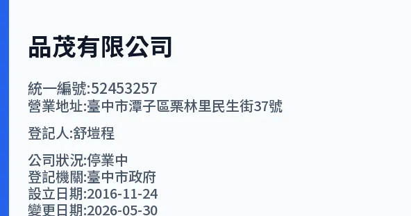 品茂有限公司的照片-統編 52453257(臺中市) 公司登記資料與營業項目詳細圖表