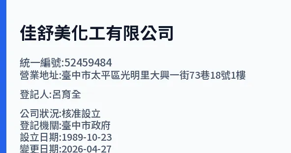 佳舒美化工有限公司的照片-統編 52459484(臺中市) 公司登記資料與營業項目詳細圖表