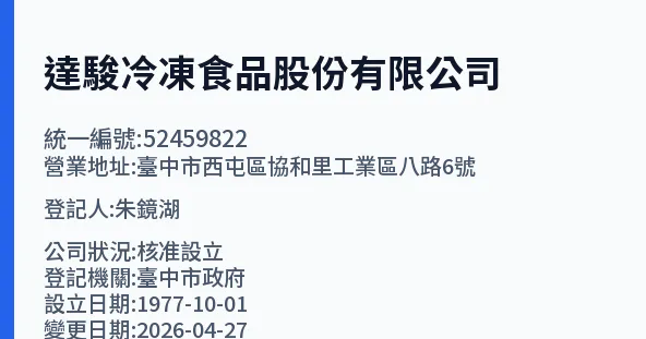 達駿冷凍食品股份有限公司的照片-統編 52459822(臺中市) 公司登記資料與營業項目詳細圖表