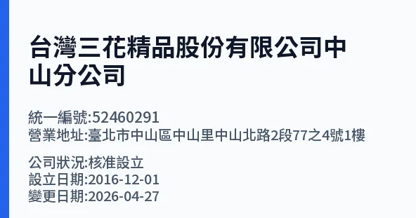 台灣三花精品股份有限公司中山分公司的照片-統編 52460291(臺北市) 公司登記資料與營業項目詳細圖表