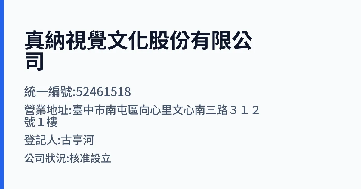 真納視覺文化股份有限公司 - 統編 52461518(臺中市) 公司登記資料與營業項目詳細圖表