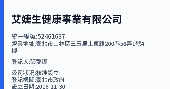 艾婕生健康事業有限公司的照片-統編 52461637(臺北市) 公司登記資料與營業項目詳細圖表