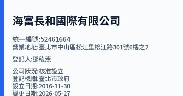 海富長和國際有限公司的照片-統編 52461664(臺北市) 公司登記資料與營業項目詳細圖表