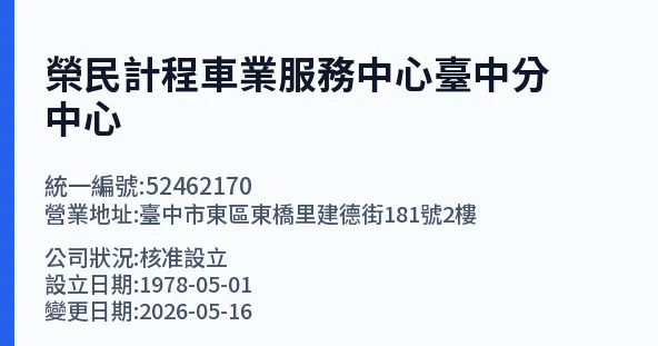 榮民計程車業服務中心臺中分中心的照片-統編 52462170(臺中市) 公司登記資料與營業項目詳細圖表