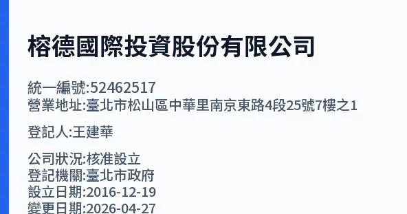 榕德國際投資股份有限公司的照片-統編 52462517(臺北市) 公司登記資料與營業項目詳細圖表